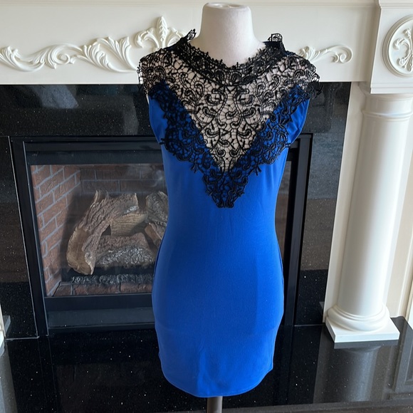 Trac | Dresses | Form Fitting Blue Dress Black Lace Plunge Back Womens ...